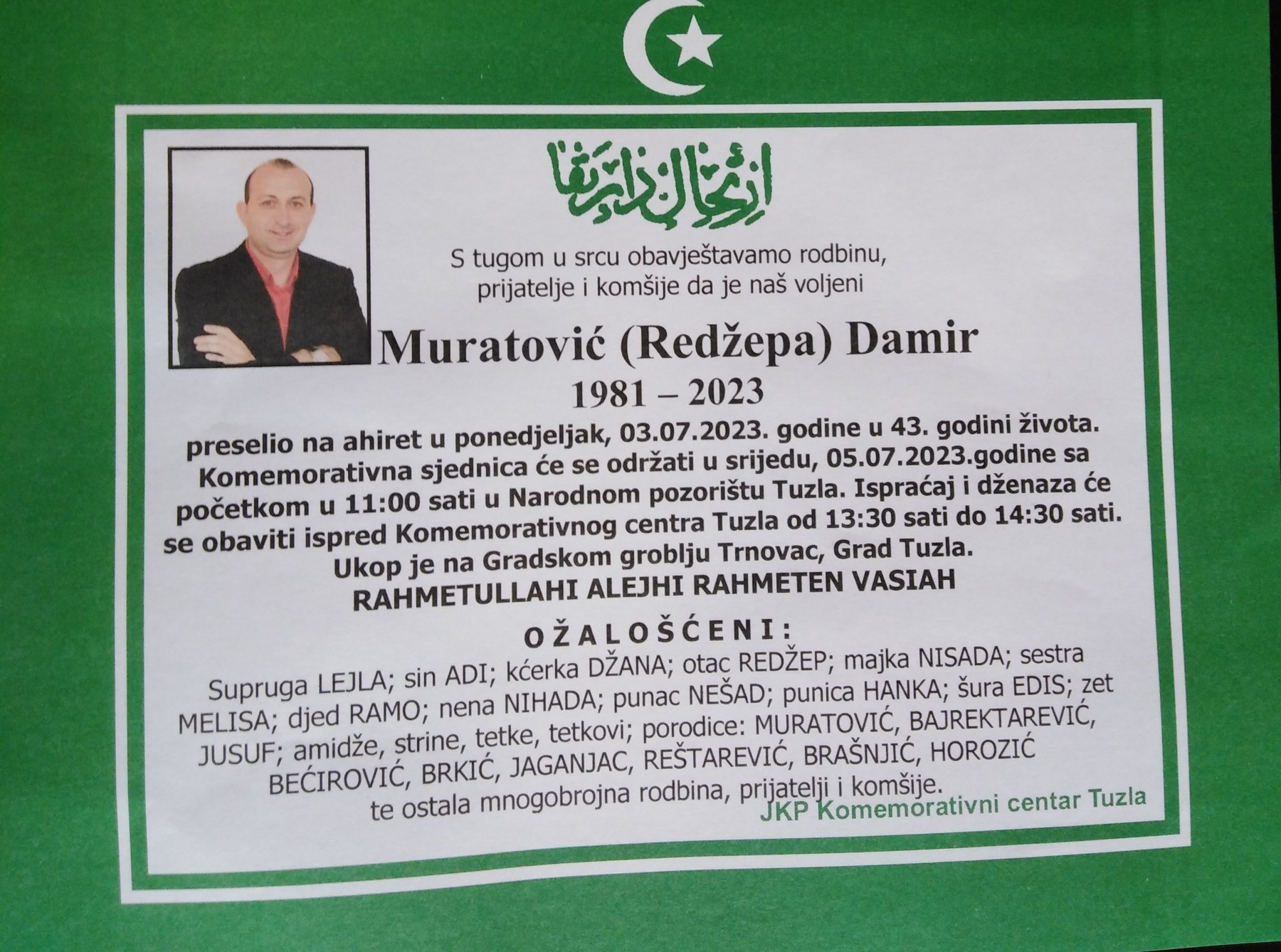 Posljednji ispraćaj Damira Muratovića: Komemoracija u srijedu od 11:00 ...